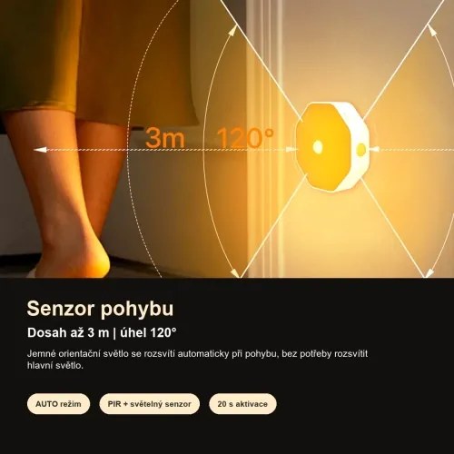 Dobíjecí LED noční světlo Lumbio MELATIME stmívatelné 1600K bez modré složky s pohybovým senzorem