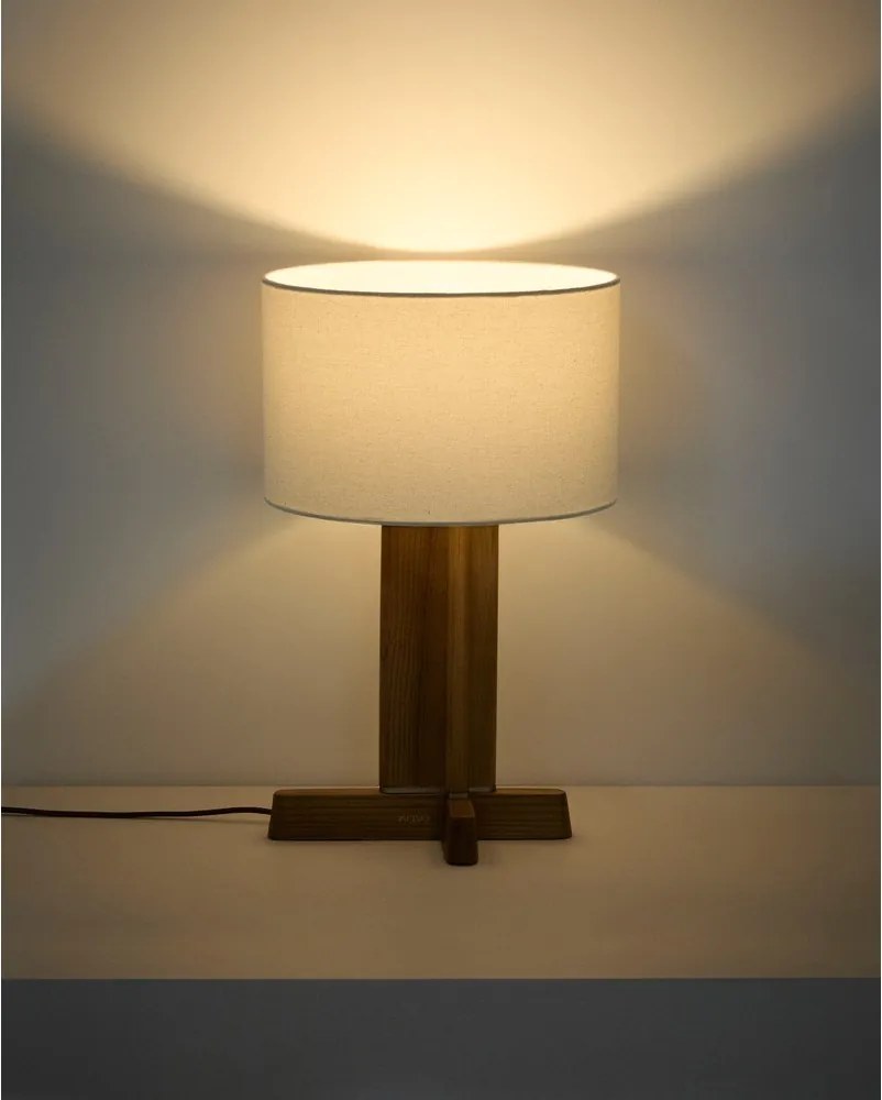 Bílá/hnědá stolní lampa z kaučukového dřeva s textilním stínidlem (výška 48 cm) Niani – Kave Home