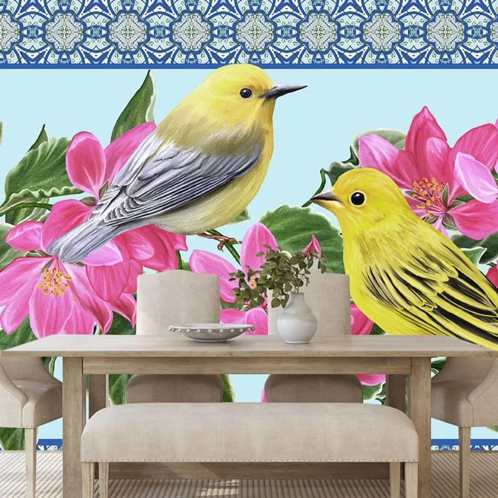 Samolepící tapeta ptáčci a květiny ve vintage provedení - 150x100 cm