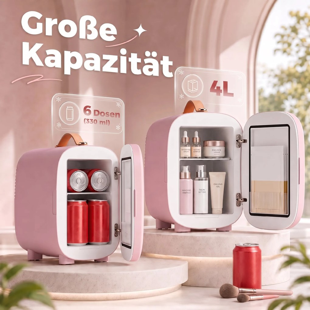 HOMCOM Mini lednička, lednička Beauty Fridge, objem 4 L, 20,3 x 26,3 x 28 cm, růžová