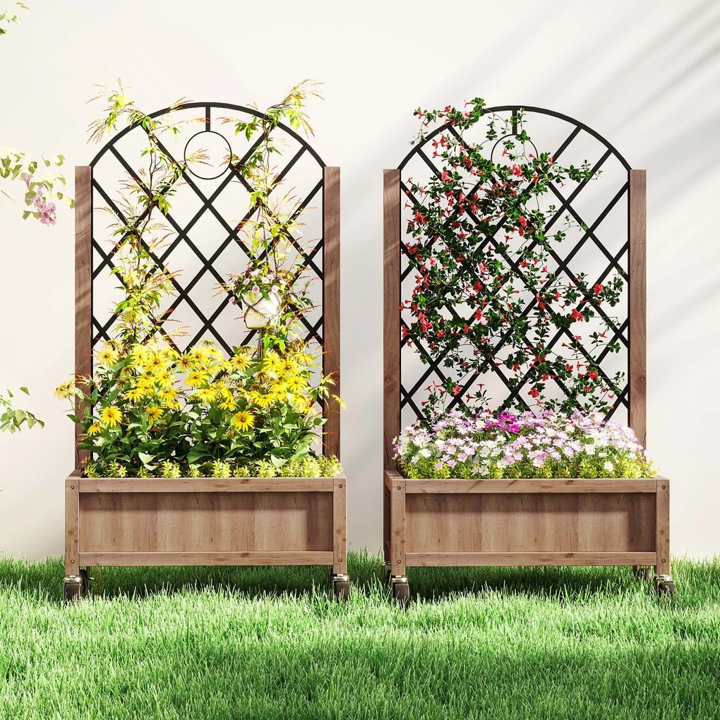 Outsunny 2-dílná sada vyvýšených záhonů s kolečky, treláž, dřevěný květináč pro espaliér, zahradní treláž 52x25x97cm pro balkon a terasu, květináč pr…