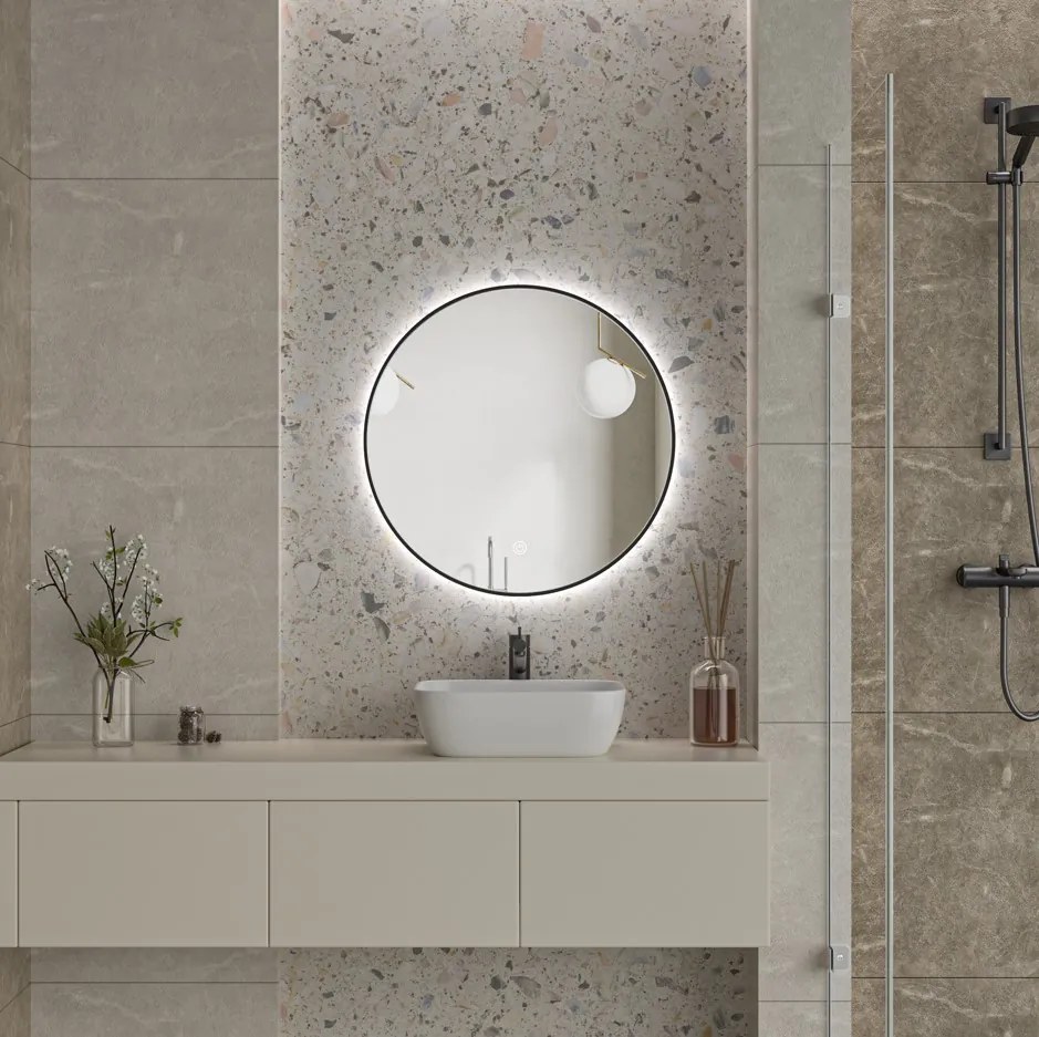 Erga Emma, kulaté LED zrcadlo 70cm, černý kovový rám, 1610 lm, 6500K, zadní osvětlení, ERG-V01-201-7070-BK
