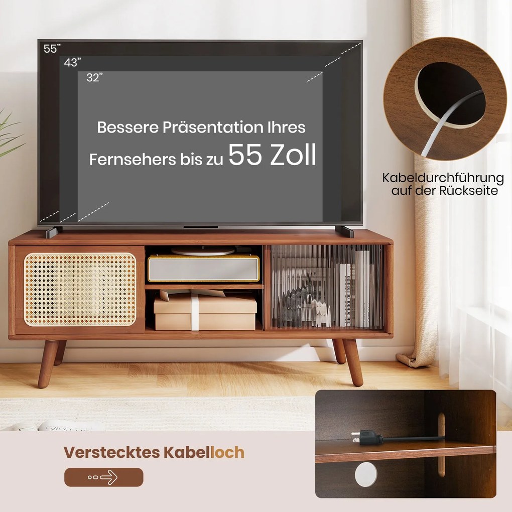 Costway Bambusová TV skříňka s ratanem a skleněnými posuvnými dveřmi TV stolek