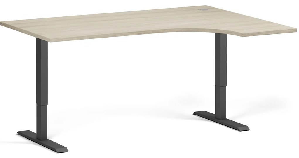 Rohový výškově nastavitelný stůl, 160x120 cm, 1 motor, L/P, černá podnož, dub přírodní