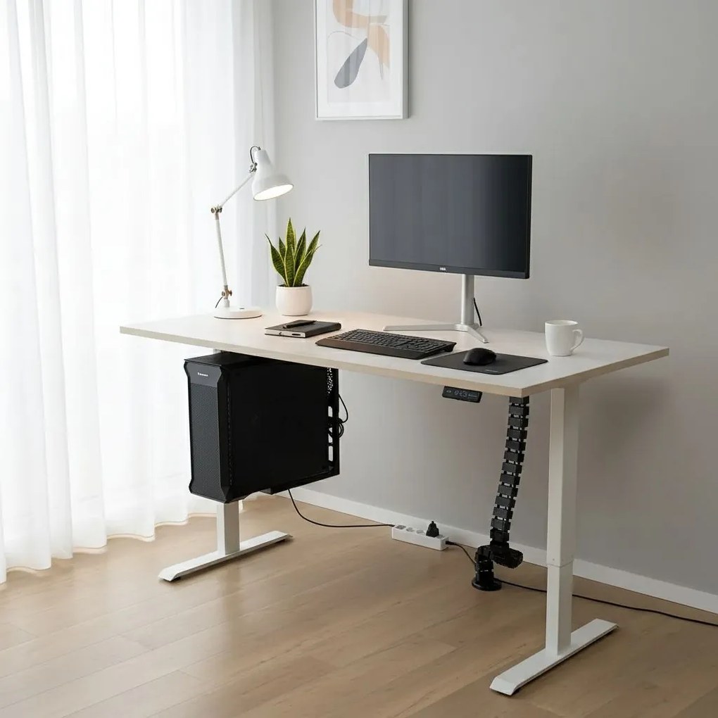 Výškově nastavitelný stůl OfficeTech A, 160 x 80 cm, bílá podnož, bílý jasan