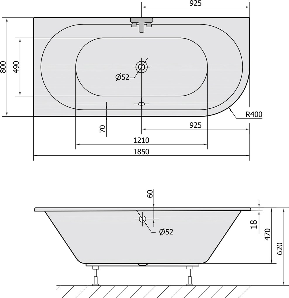 Polysan VIVA L SLIM 185 x 80 x 47 cm 72099S asymetrická vana levá bílá