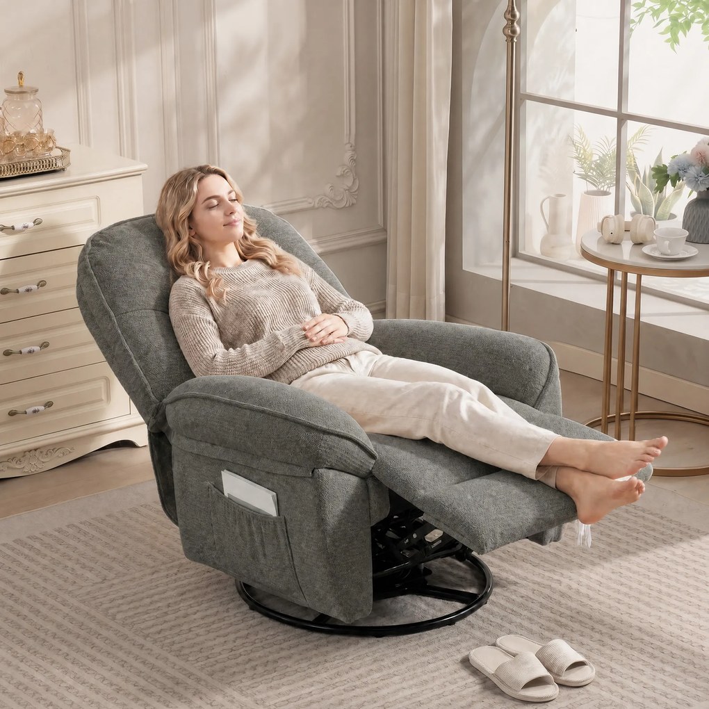 HOMCOM relaxační polohovací křeslo s otáčením 360° a houpáním, manuální chenille, široké sedadlo, vysoké opěradlo, opěrka nohou a boční kapsy, světle…