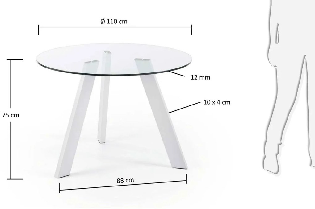 Kulatý skleněný jídelní stůl Kave Home Carib 110 cm s bílou podnoží