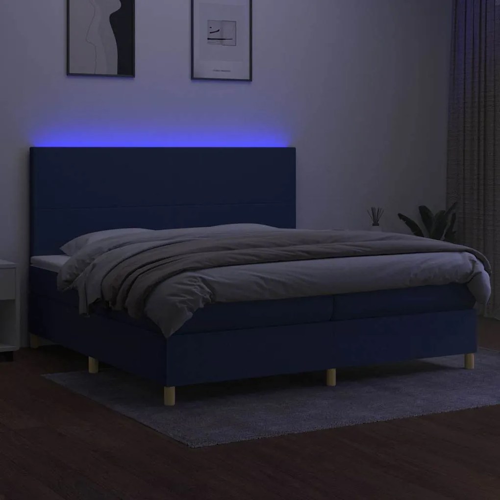 Box spring postel s matrací a LED modrá 200x200 cm textil 3135307