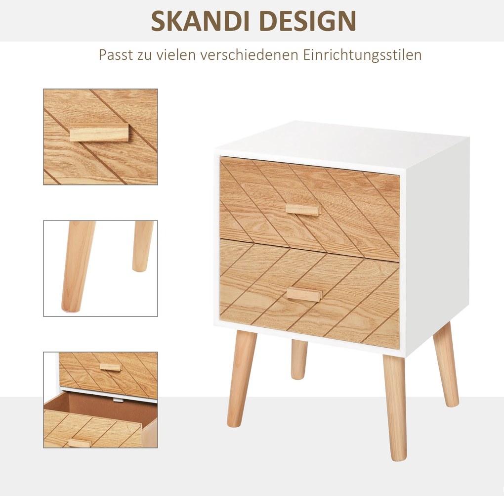HOMCOM Noční stolek s 2 zásuvkami a zvýšenými nohami do ložnice 40x30x55,5 cm Bílý a přírodní