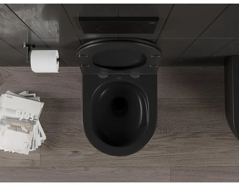 Mexen Carmen, závěsná WC mísa 490x365x340 mm, Rimless Tornádo + WC sedátko z duroplastu, černá matná, 30881085T