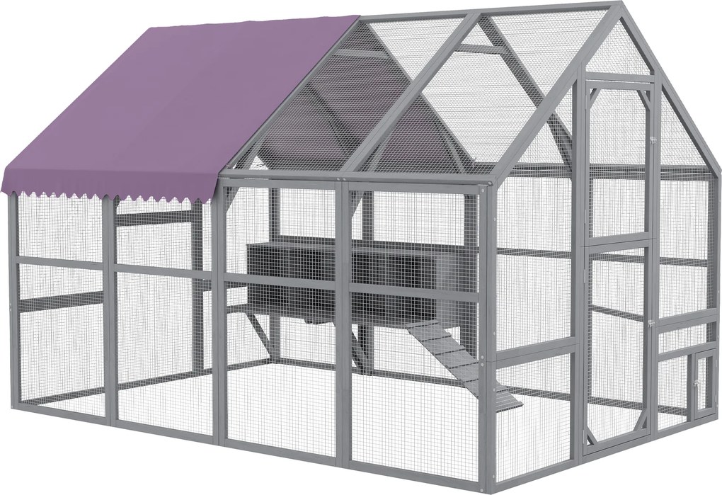 PawHut kurník, výběh pro slepice, 280 x 185,5 x 188 cm, klec pro slepice, výběh pro slepice s dvířky, hnízdní box, střecha, rampa, dřevo