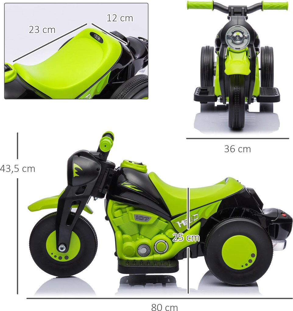 AIYAPLAY Dětská elektrická motorka 2-5 let, 3 kola, 6 V, 3 km/h, s funkcí mýdlové bubliny, světelnými a zvukovými efekty, zelená