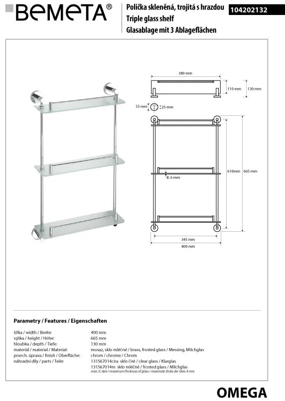 Bemeta Design OMEGA: Polička, 400 mm, trojitá, sklo -