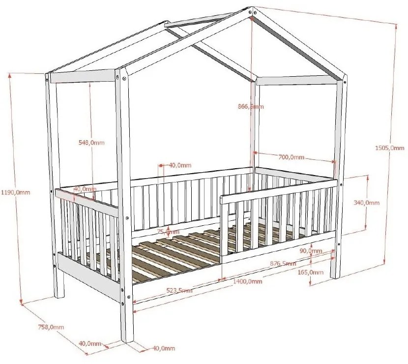 Domečková dětská postel z borovicového dřeva s roštem v přírodní barvě 70x140 cm DALLAS – Vipack