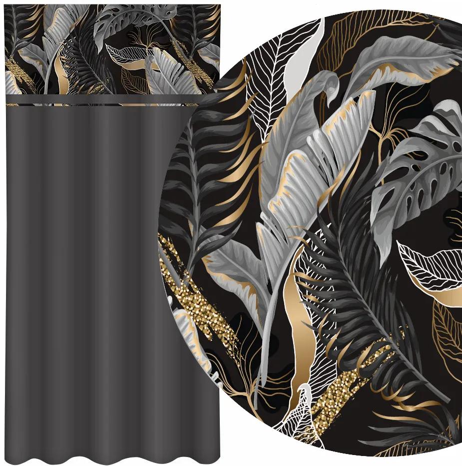 Jednoduchý tmavě šedý závěs s potiskem šedých a zlatých listů Šířka: 160 cm | Délka: 250 cm