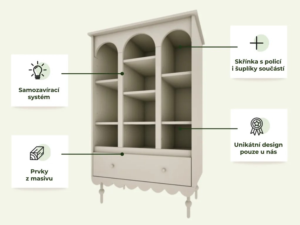Dětský úložný regál s policemi a šuplíkem BABUSHKA olivový