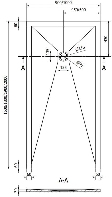 Mexen Stone+, obdélníková vanička z minerálního kompozitu 160 x 90 cm, šedá-betonová, 44109016