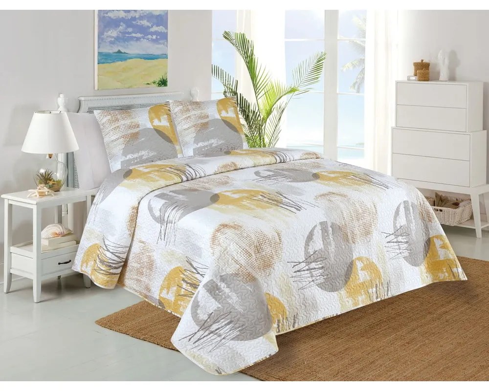 Žluto-bílý prošívaný set přehozu a povlaku na polštář 220x240 cm Ronda – My House