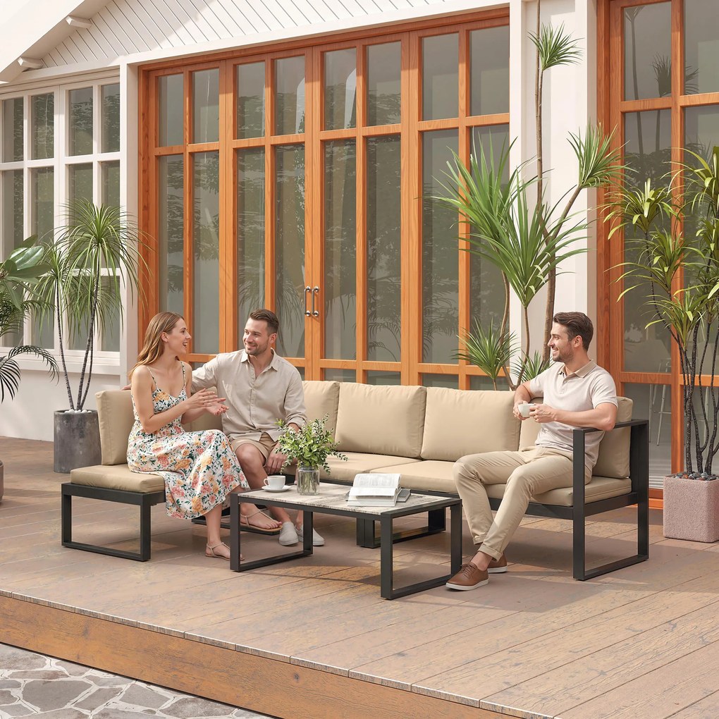 4dílná sada zahradního nábytku, sedací souprava se 2 dvojsedáky, křeslo bez područek, konferenční stolek, na balkon, barva khaki