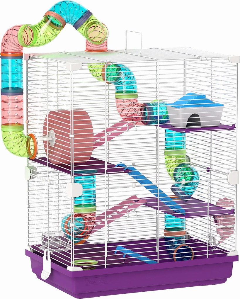 Klec pro křečky PawHut, 4 úrovně s tunely, krmítkem, kolem, domkem a žebříky, rozměry 46D x 30Š x 58V cm, fialová