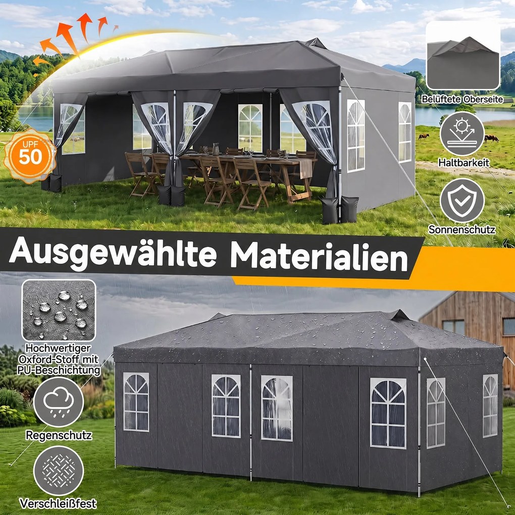 Costway Pavilon výškově nastavitelný párty stan s 6 bočními stěnami a šedými