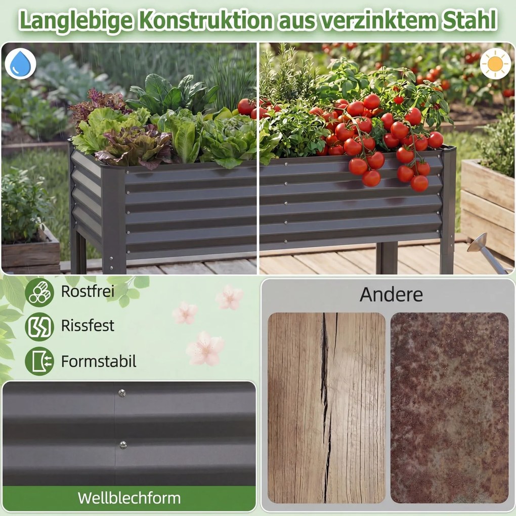 Costway Vyvýšený záhon Kovový květináč s nohami Vyvýšený květináč s drenážním