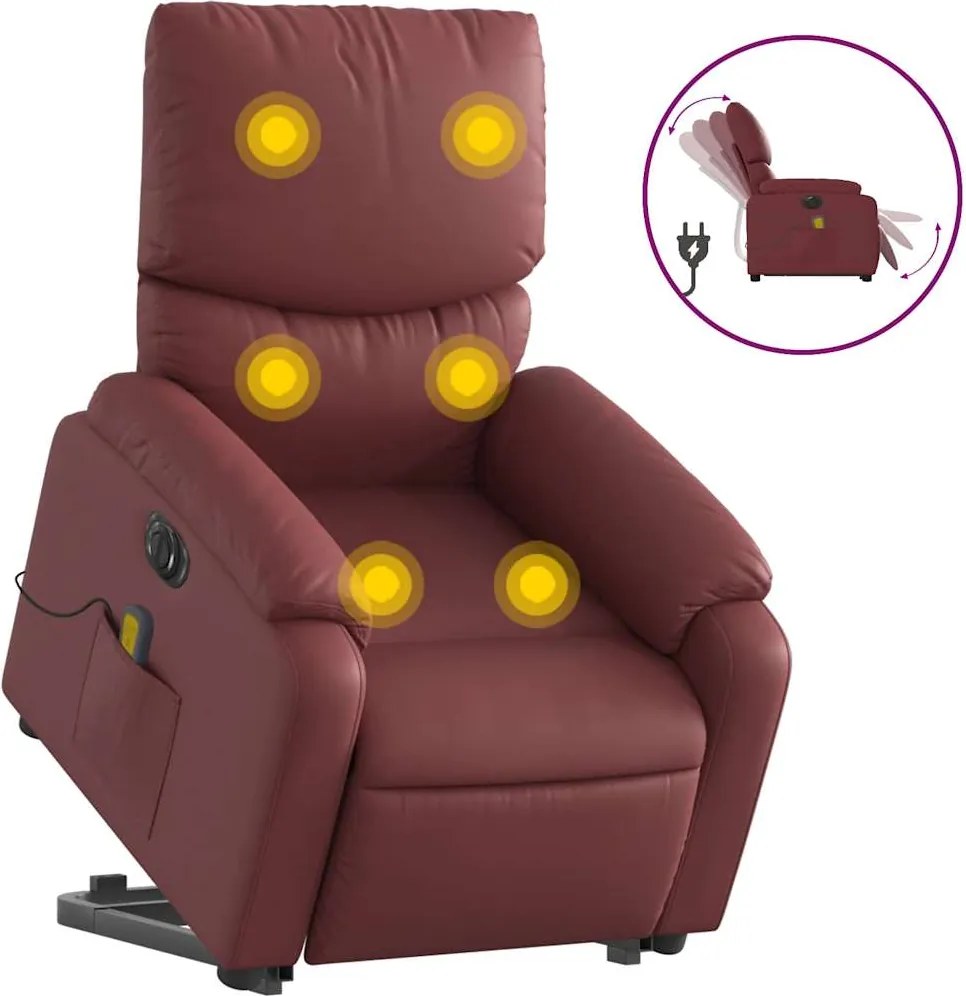Elektrické zvedací masážní polohovací křeslo vínové umělá kůže 3204911