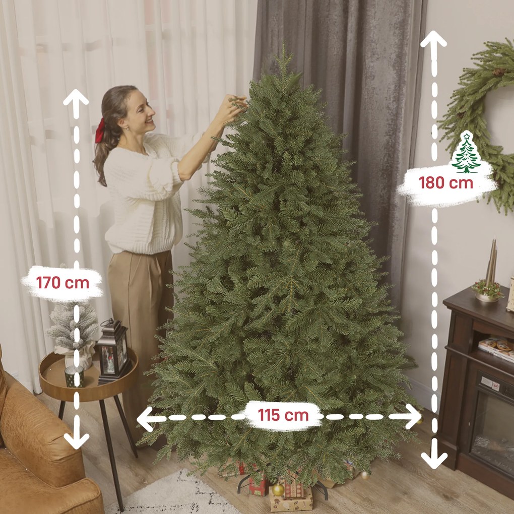HOMCOM Umělý vánoční stromek 180 cm, borovicový stromek umělý s 3026 větvičkami pro interiér