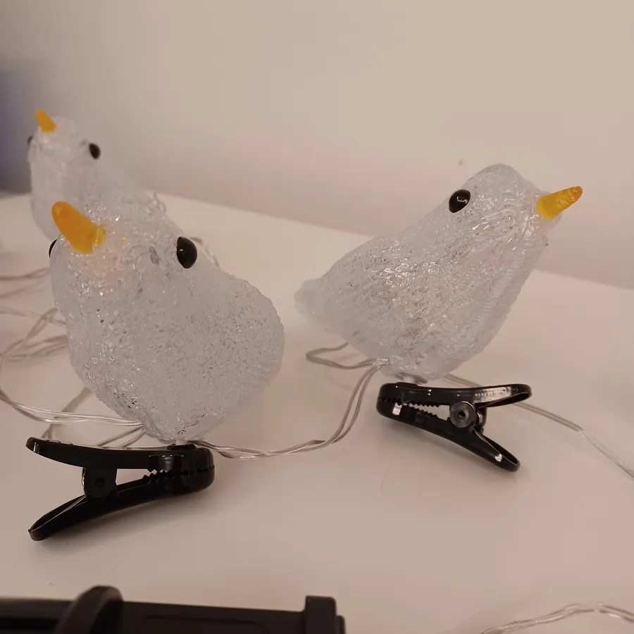 LED svítící ptáčci, akryl, 5 ks, teple bílá