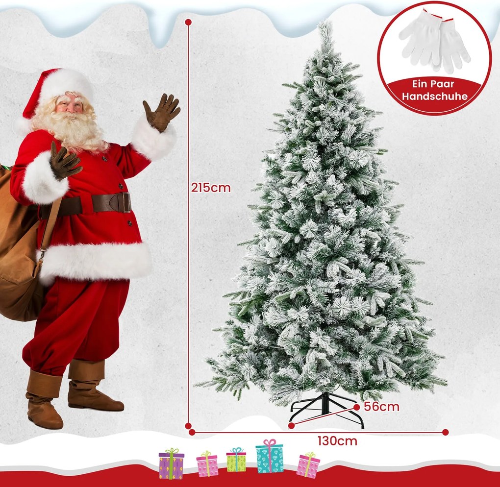 Costway 210 cm Umělý vánoční stromek se sněhem a osvětlení Vánoční strom s 300