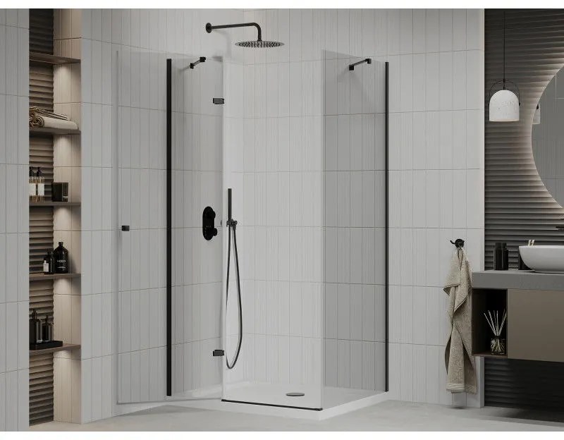 Mexen Roma, sprchový kout s 1-křídlými dveřmi 100 (dveře) x 120 (stěna) cm, 6mm čiré sklo, černý profil, slim sprchová vanička 5cm bílá s černým sifonem, 854-100-120-70-00-4010