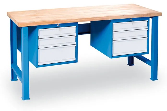 Dílenský pracovní stůl GÜDE Variant se 2 závěsnými boxy na nářadí, buková spárovka, 6 zásuvek, 1700 x 800 x 850 mm, modrá
