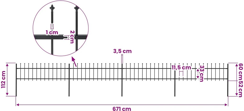Zahradní plot s kopím nahoře ocelový 671 x 60 cm černý 277596