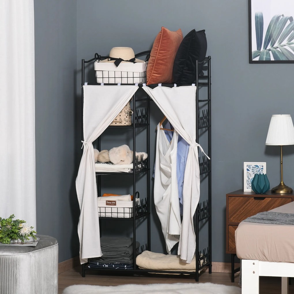 HOMCOM Šatní skříň pro dospělé s 5 policemi, oblečení a šatní tyčí, 84L x 42W x 159H cm, kovová černá s 2 bílými závěsy