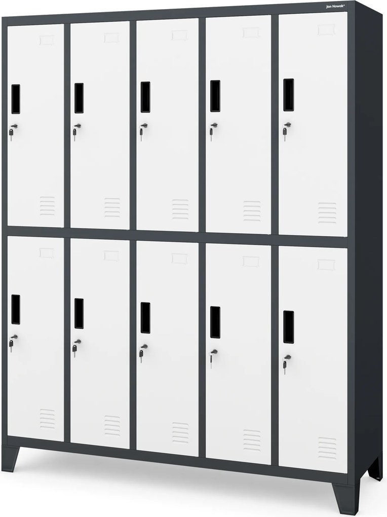 Plechová šatní skříňka na nožkách s 10 boxy BARTEK, 1360 x 1720 x 450 mm, antracitovo-bílá