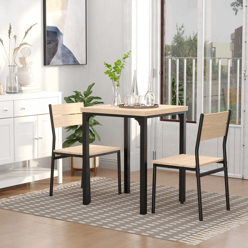 HOMCOM 3-dílný jídelní set s dřevěným stolem MDF + kov, přírodní dřevodekor + černá, 1 stůl + 2 židle