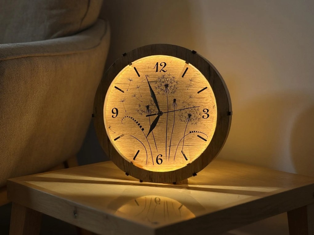 Li-Go "Pampeliška" světelné hodiny 230V/12V/dub velikost svítidla/hodin: 50 cm