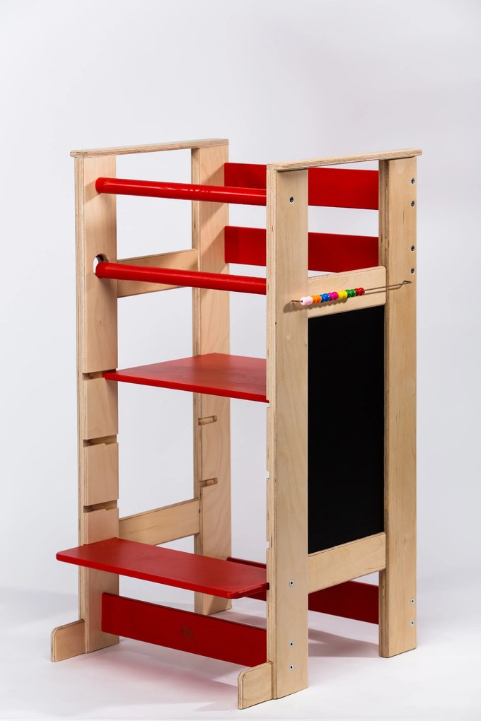 Lucas Wood Style učící věž Žofka - přírodní/červená Učící věž s tabulí a kuličkami: přírodní/červená