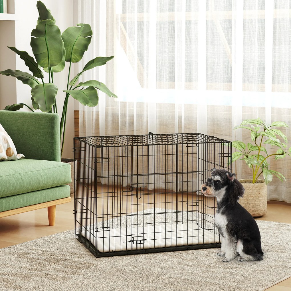 PawHut Klec pro psy, skládací přepravní klec se 2 dveřmi, odnímatelný tác, pratelné měkké polstrování, ocelový rám, 76 x 53 x 60 cm, černá