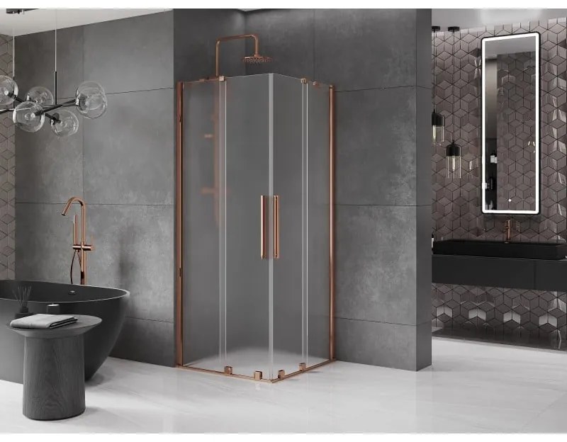 Mexen Velar Duo, sprchový kout s posuvnými dveřmi 100 x 100 cm, 8mm sklo námraza, růžové zlato, 871-100-100-32-60