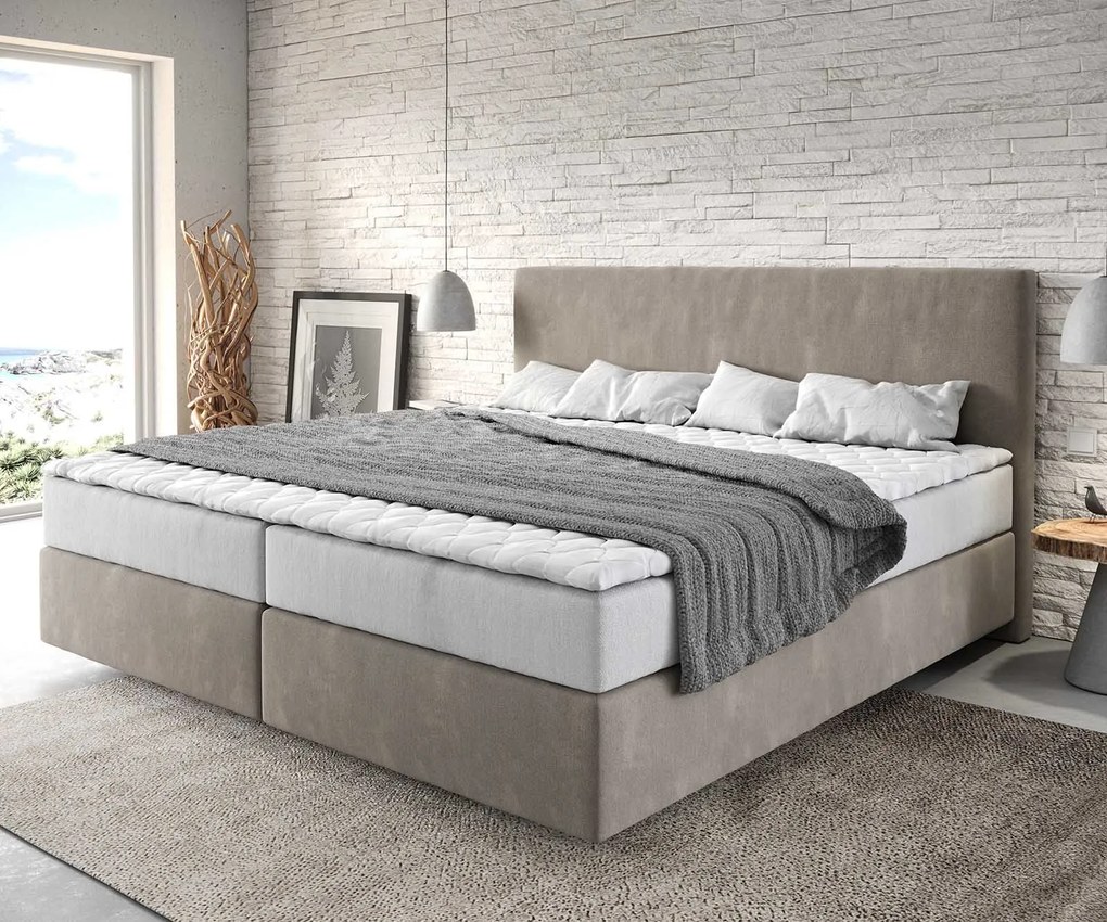 DELIFE Boxspring postel Dream-Well mikrovlákno béžová 200x200 cm s taštičkovou pružinovou matrací a visco topperem