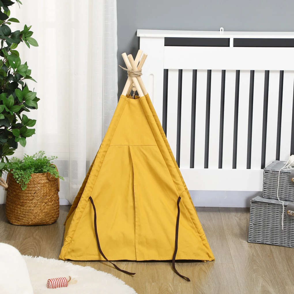 PawHut kočičí domeček teepee stan pro psy s polštářem, protiskluzový, s míčkem na hraní, z borovicového dřeva, vnitřní, žlutý| Aosom