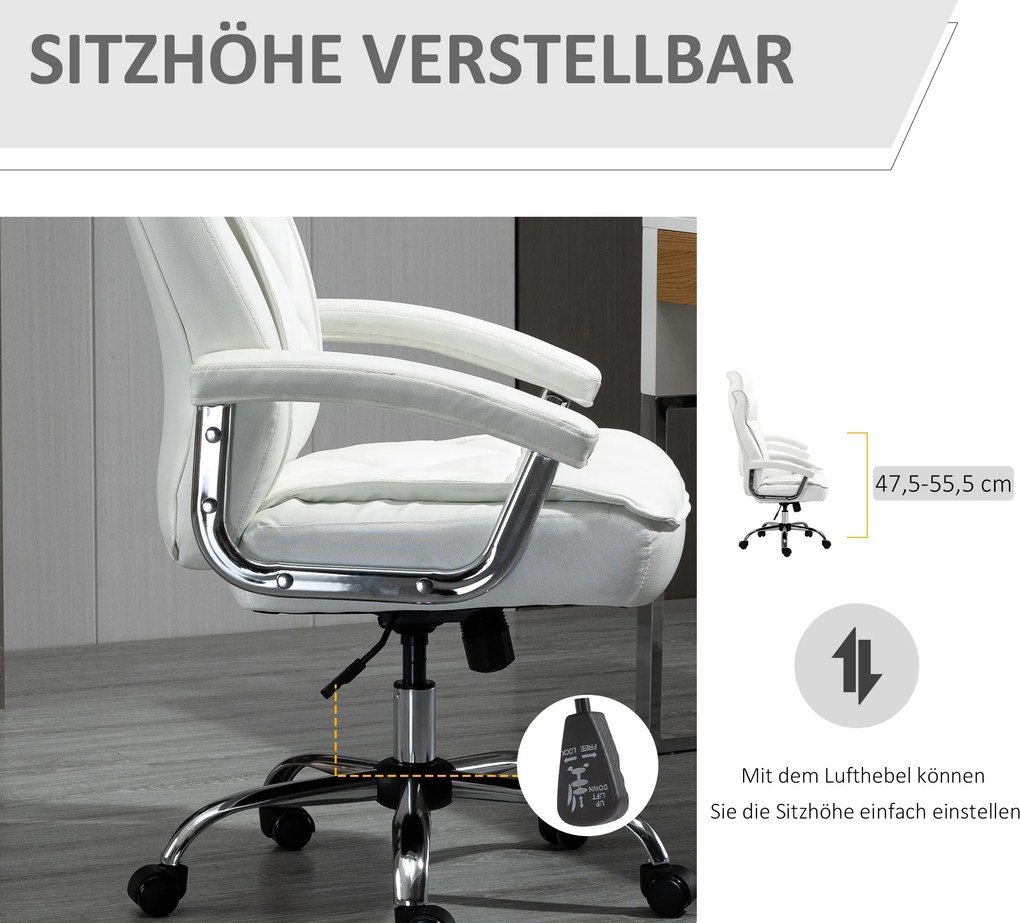 Kancelářská židle Vinsetto imitace kůže, ergonomická kancelářská židle, otočná židle s houpací funkcí, výškově nastavitelná, bílá