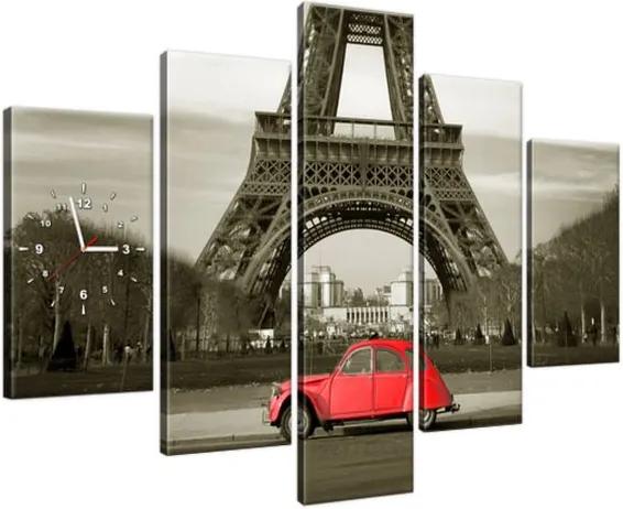 Tištěný obraz s hodinami Červené auto před Eiffelovou věží v Paříži 150x105cm ZP3533A_5H