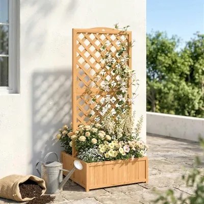 Outsunny květináč s dřevěným lezeckým rámečkem pro popínavé rostliny se 2 skládacími boxy, dřevěné dno 73x70x170 cm, přírodní