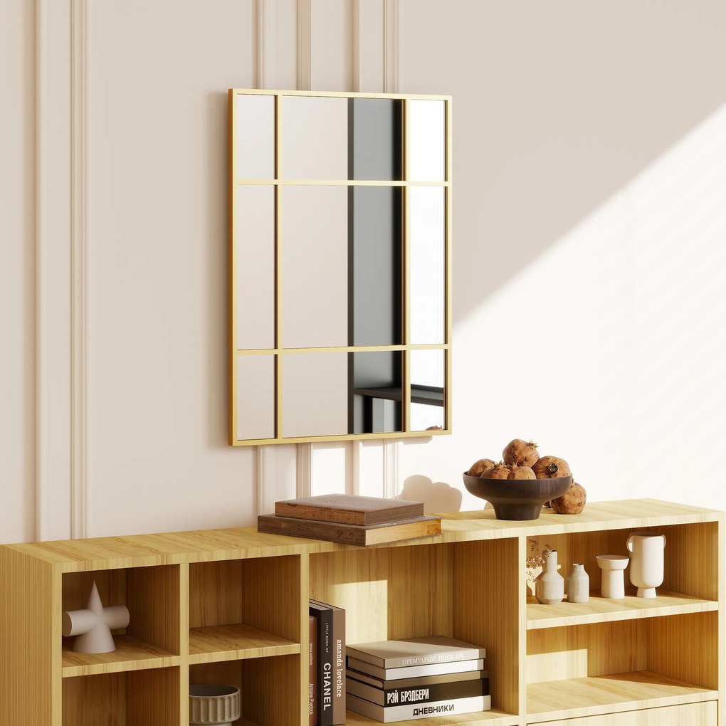 HOMCOM obdélníkové nástěnné zrcadlo, 70 × 50 cm — okénkový zlatý kovový rám