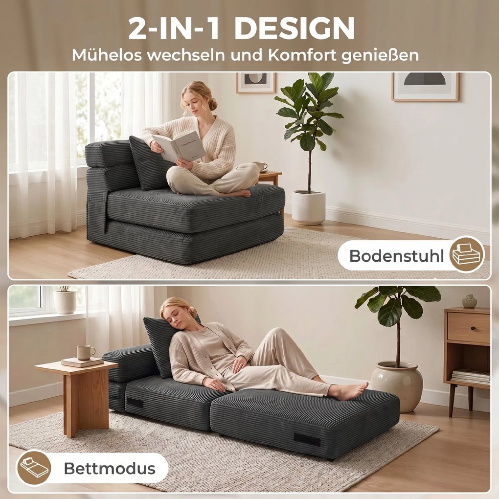 HOMCOM 2-v-1 Boneless Cloud podlahová židle, skládací spací křeslo s kordurovým vzhledem a bederním polštářem, tmavě šedá