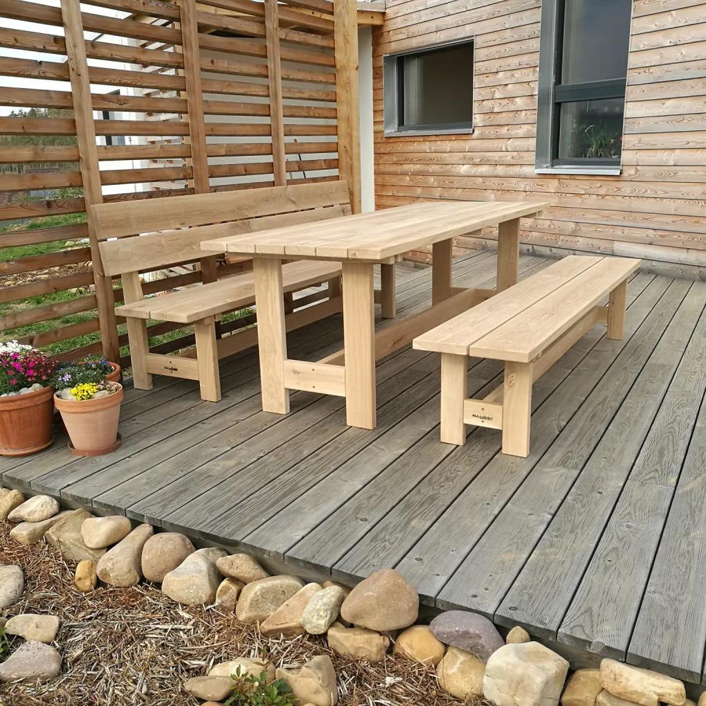 KULHÁNEK Zahradní dubová sestava - stůl, 1x lavice s opěradlem, 1x lavice bez opěradla (přírodní provedení) Délka: individuální, Odstín nátěru: olej - bezbarvý