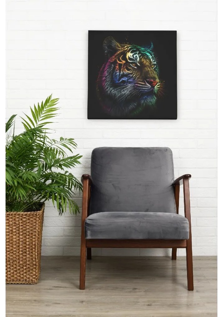 Obraz na plátně - barevný tygr na černém pozadí FeelHappy.cz Velikost obrazu: 140 x 140 cm